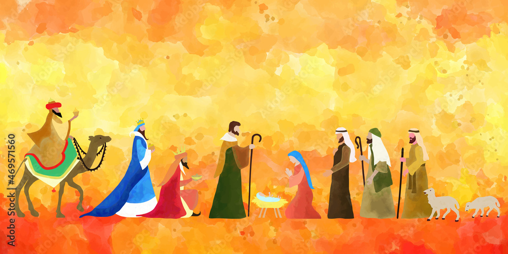 Christmas Nativity scene. Hand drawn background illustration. Vector ...
