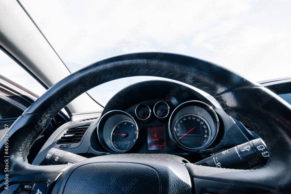 Speed background. Car dashboard panel with speedometer, tachometer ...