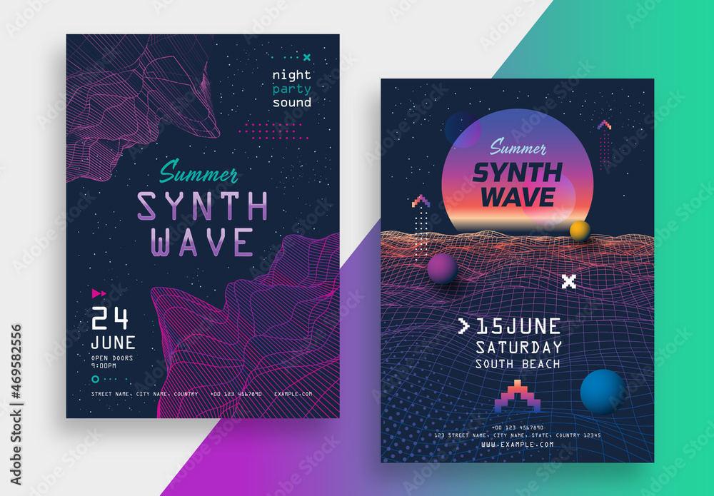 Summer Synth Wave Music Posters Layout with Neon Colors Stock Template ...