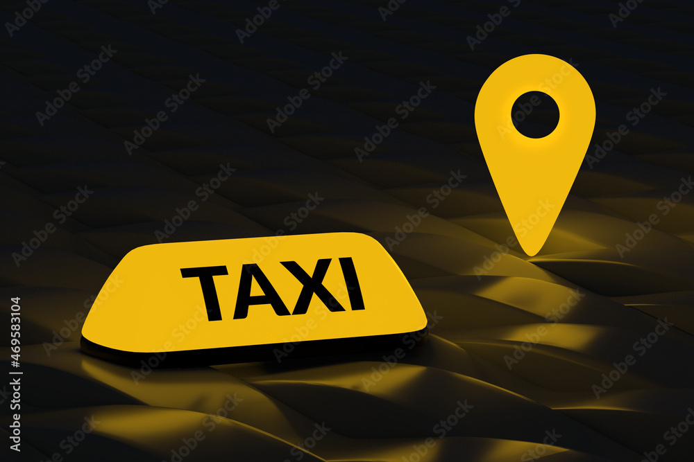 Glowing taxi sign near gps symbol on dark background. Taxi station ...