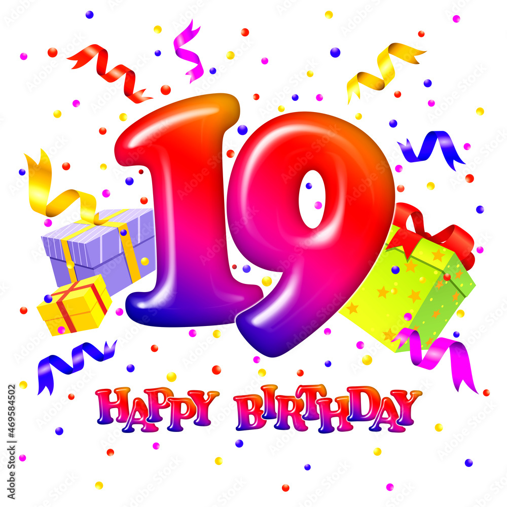 19 year birthday. Celebration background with number nineteen and gift ...