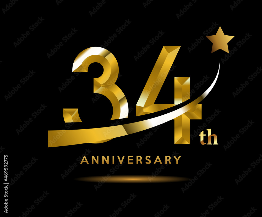 Golden 34 year anniversary celebration logo design with star symbol ...