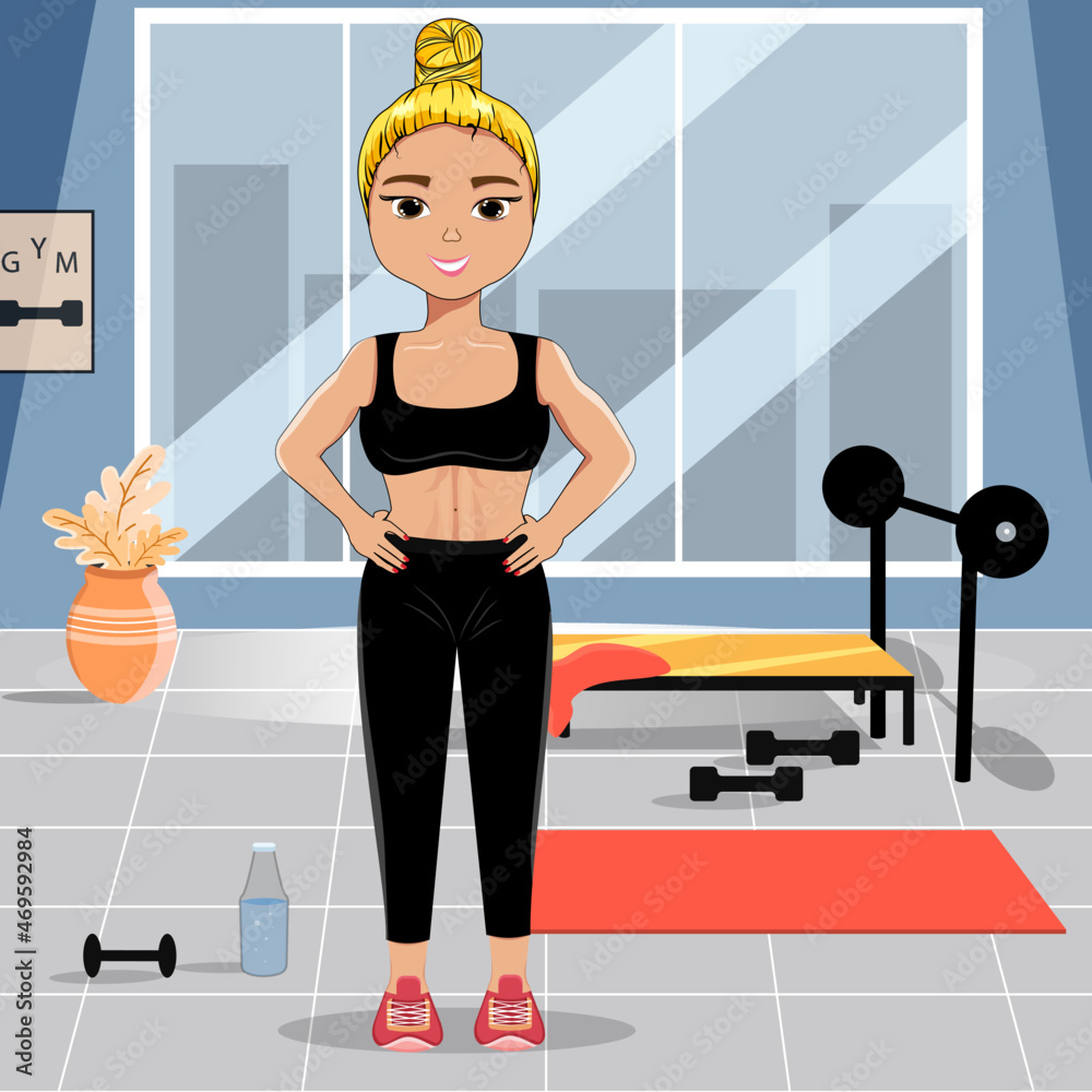 The blonde girl in sports uniform goes in for sports. Bodybuilder. Gym ...