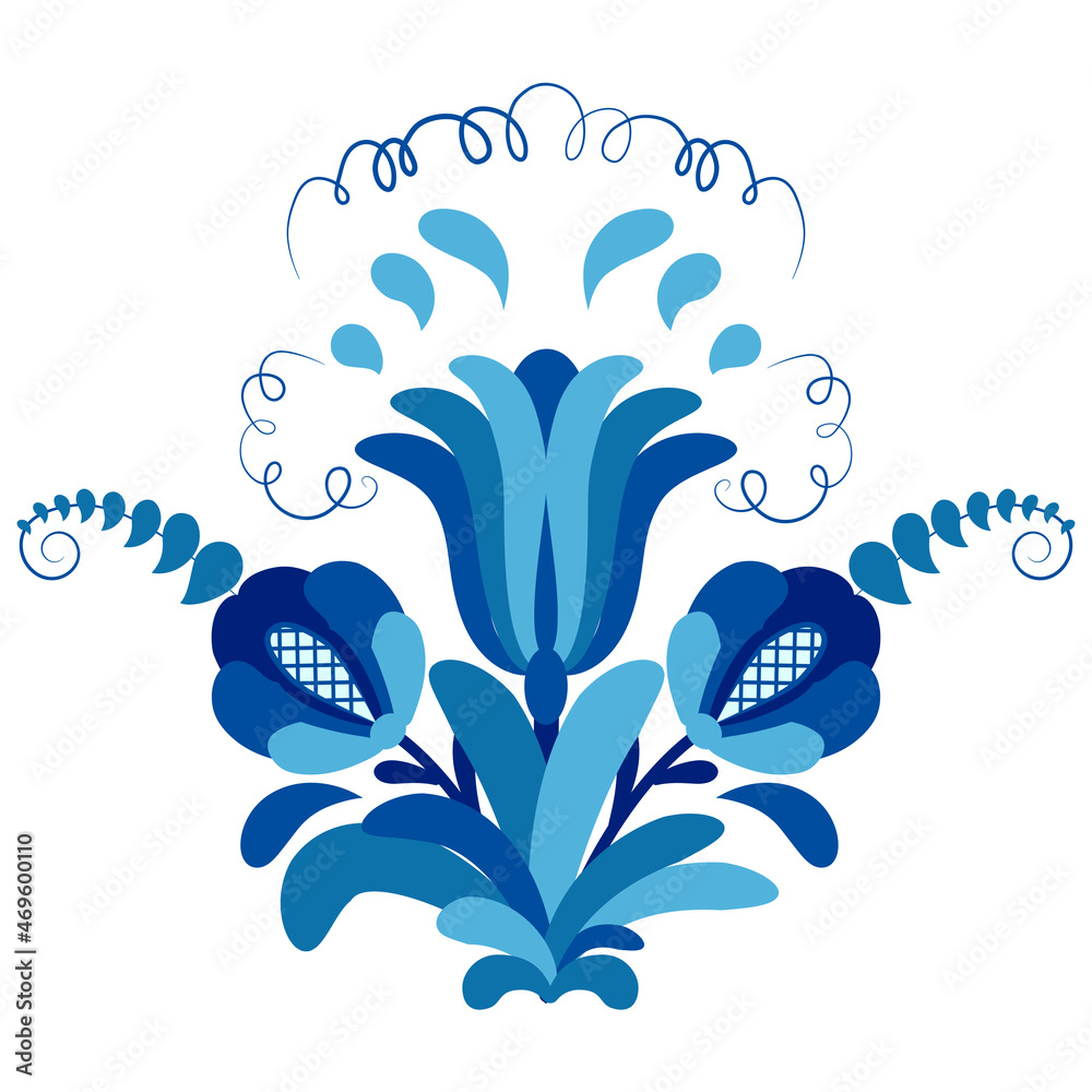 Bouquet of painted blue flowers in the style of traditional cobalt ...
