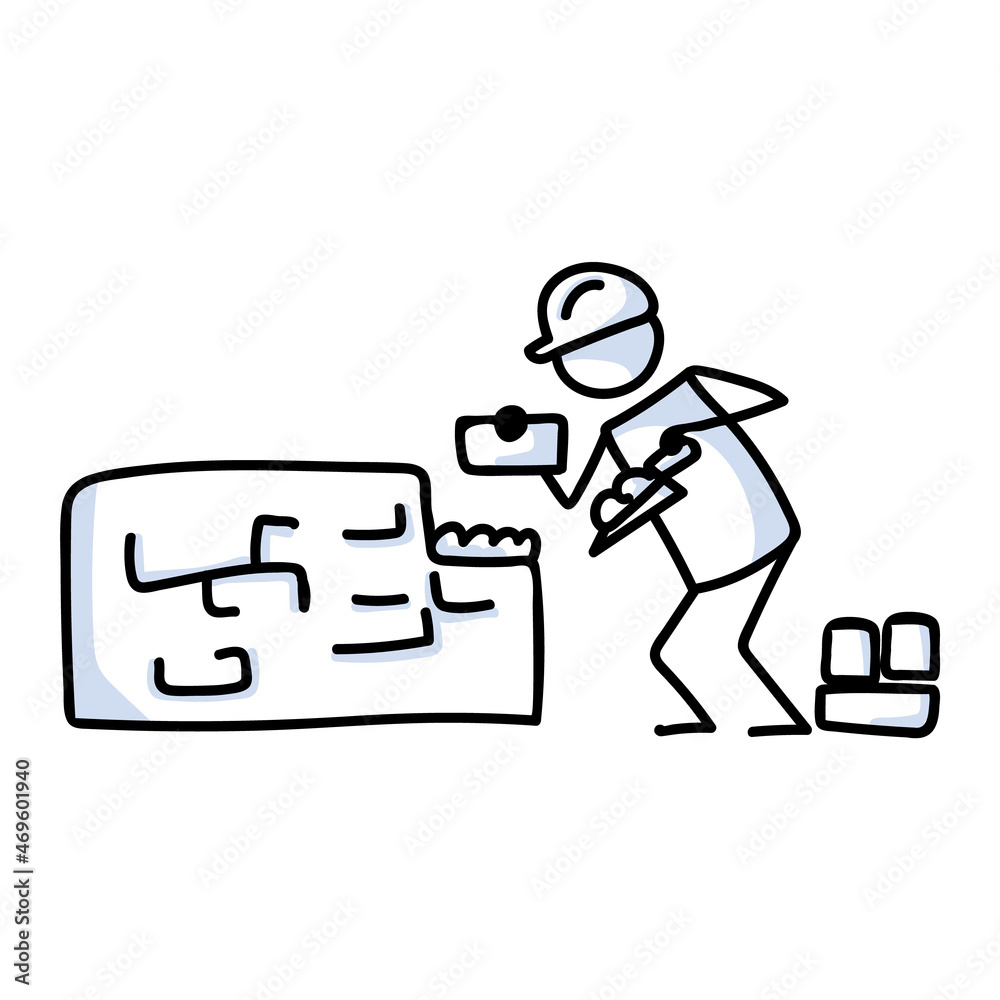 Drawn stick figure bricklaying construction worker. Tool use for ...