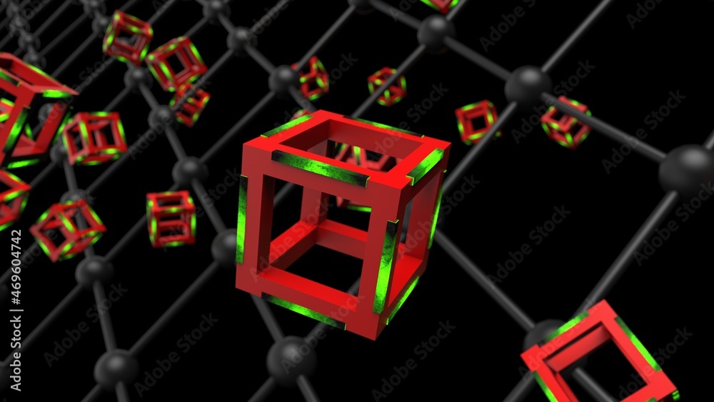Green illuminated Hot Iron Red Cube with Atom Plane Structure under ...