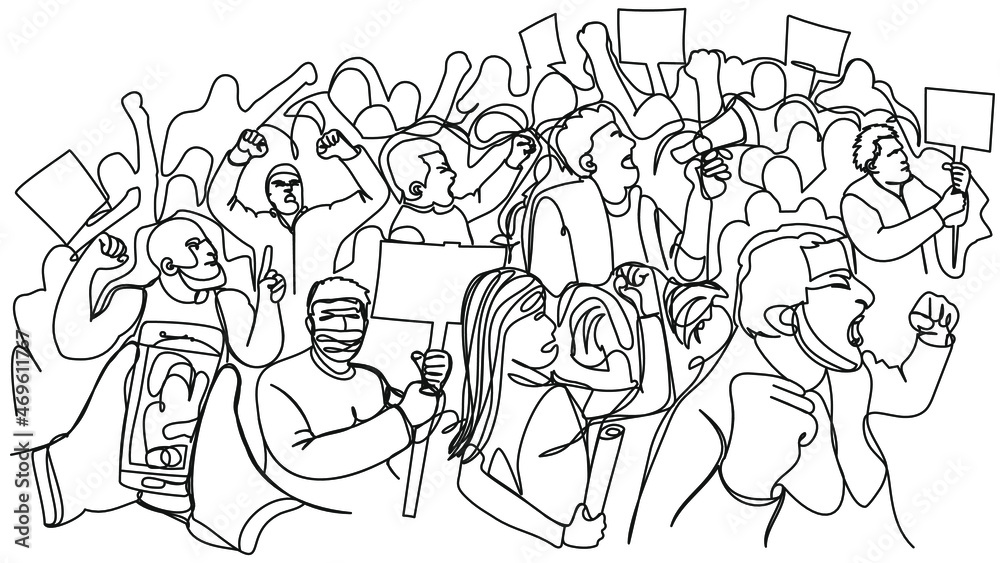 Big protest in one line on a white background. Evil people came out ...