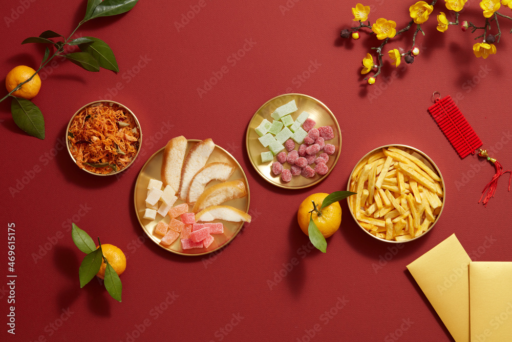 Tet holiday with mandarin orange candy jam , fried potato , flower and ...