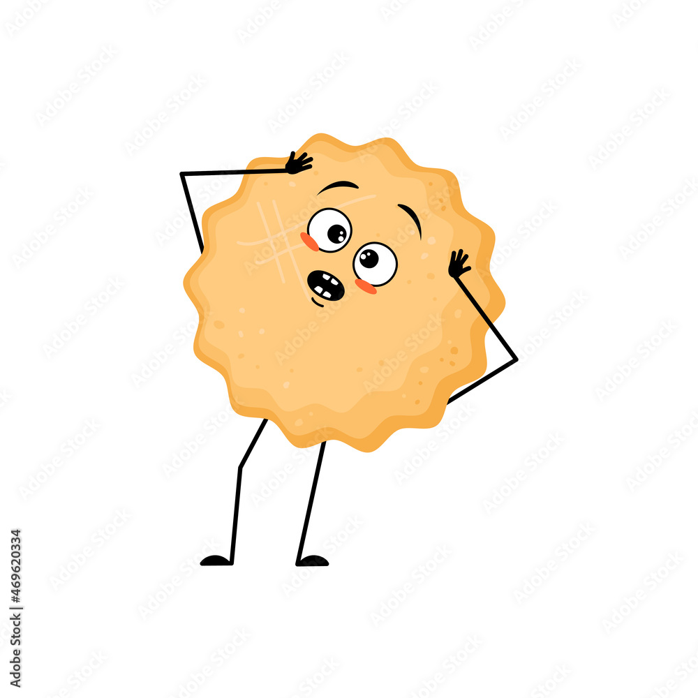 Cute milk cookie character with emotions in panic grabs his head ...