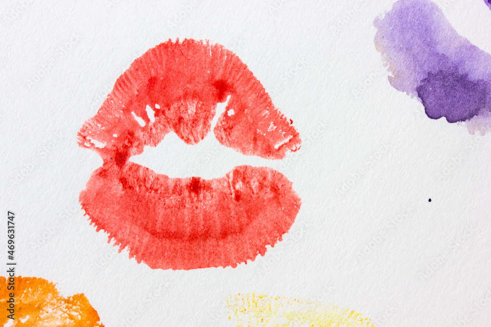Set of multicolored female lip prints on white paper background top ...