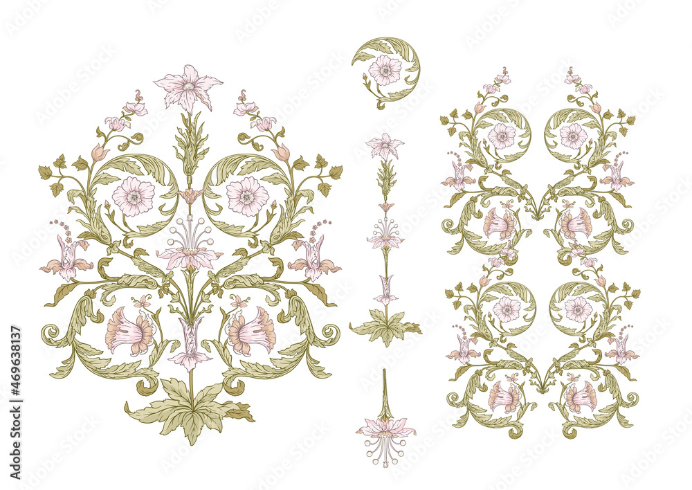 Set of elements of pattern with stylized flowers in medieval style ...