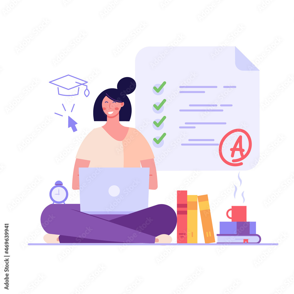 Woman taking university exam remotely and temporarily. Student writing ...