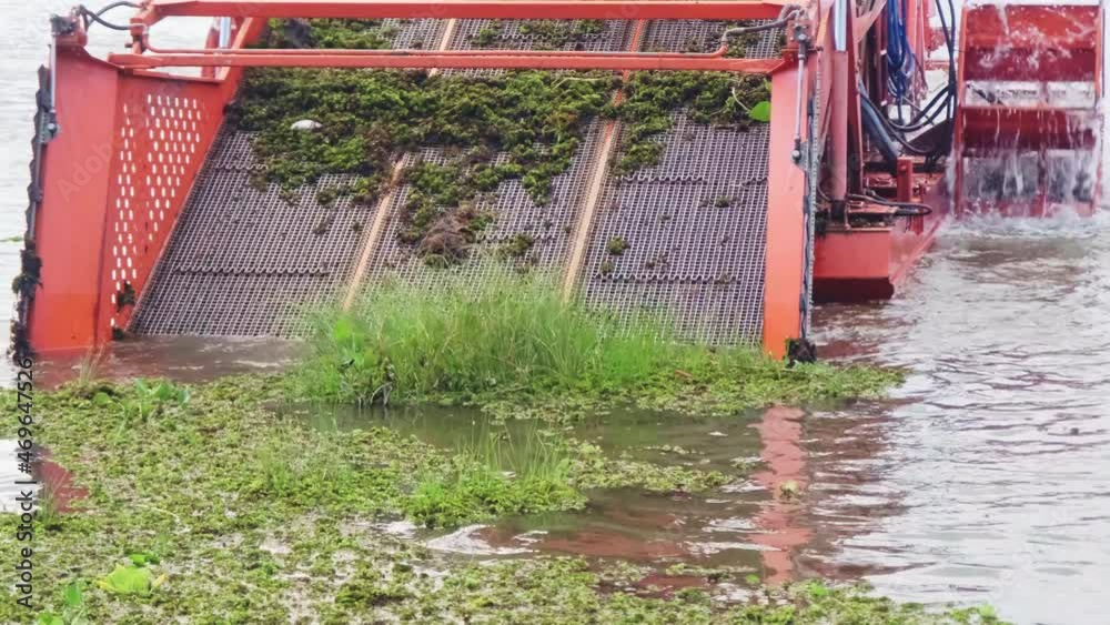 Worker on a weed clearing water tractor (or aquatic weed harvester ...