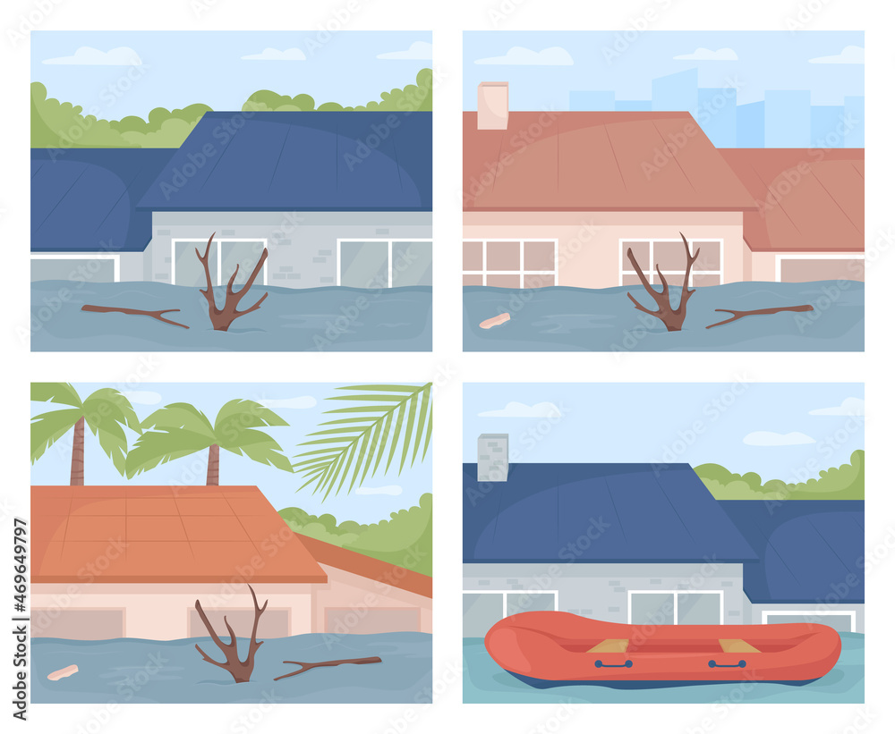 Flooding in urban areas flat color vector illustrations set. Extreme ...