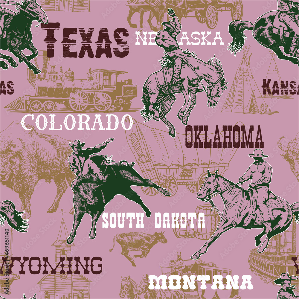vector image of seamless texture wild west rodeo cowboys print on ...