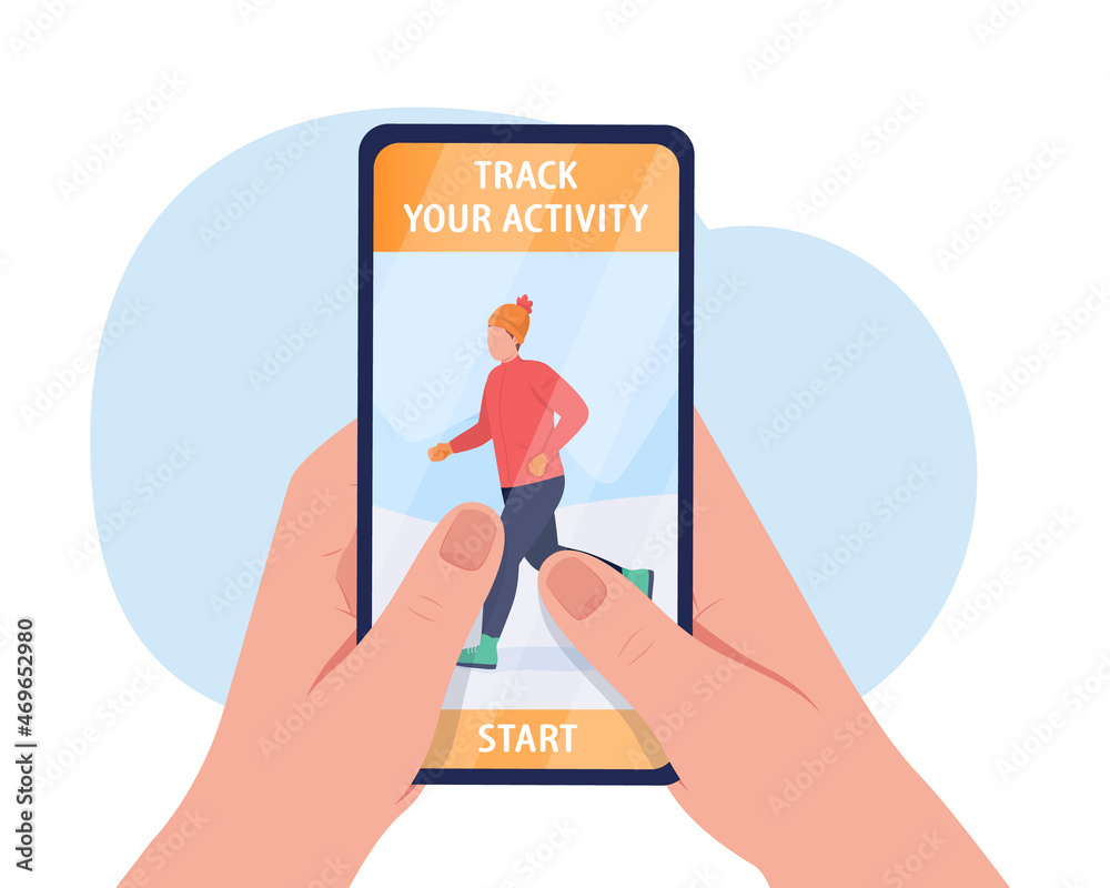 Mobile activity tracking 2D vector isolated illustration. Holding ...