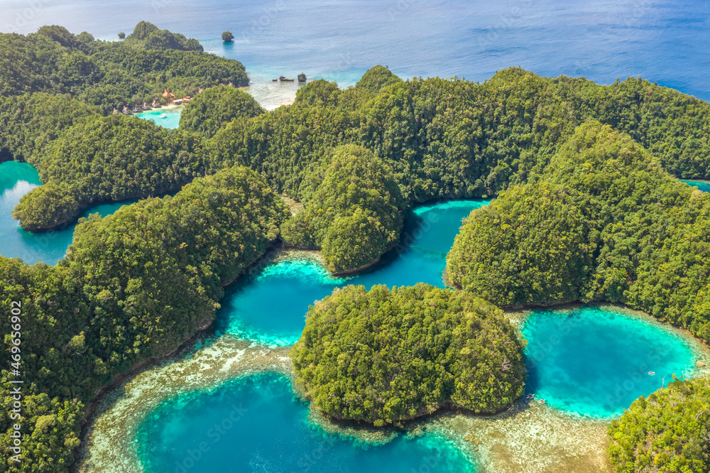 Tropical forest covered limestone around clear blue lagoons. Drone view ...