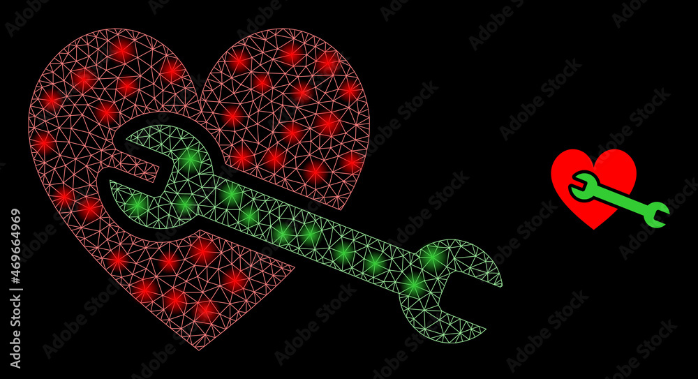 Glossy polygonal mesh net heart repair wrench icon with glare effect on ...