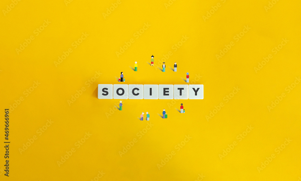 Society word, banner and conceptual image. Block letter tiles on bright ...