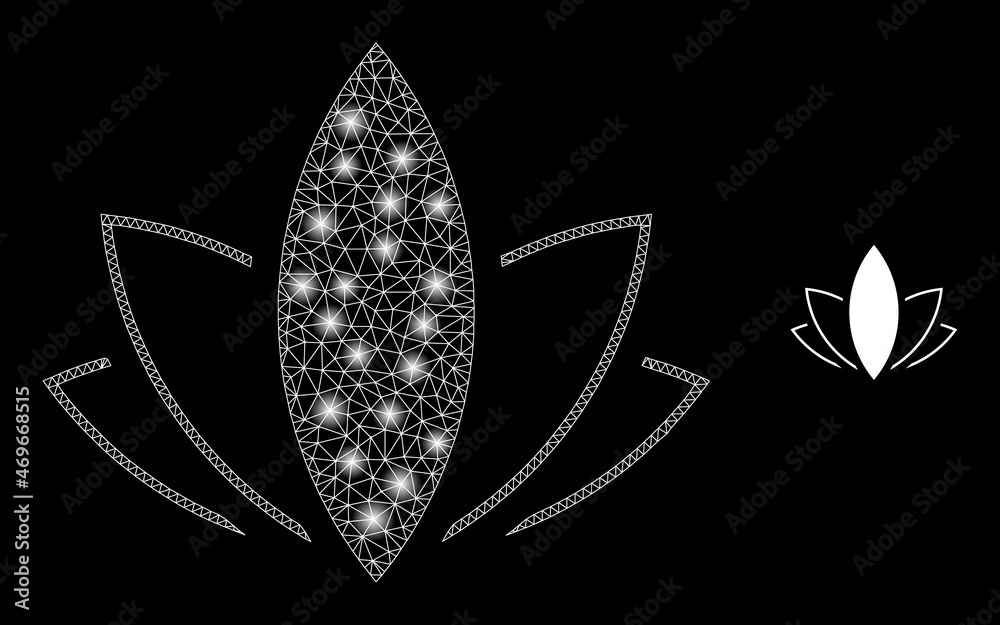 Glossy polygonal mesh web lotus icon with glitter effect on a black ...