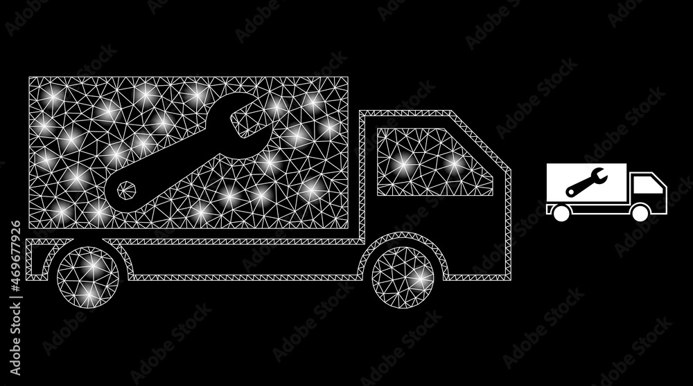 Glossy polygonal mesh net repair lorry icon with glow effect on a black ...