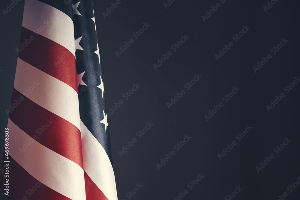 Standing flag United States of America on dark gray background.Banner ...