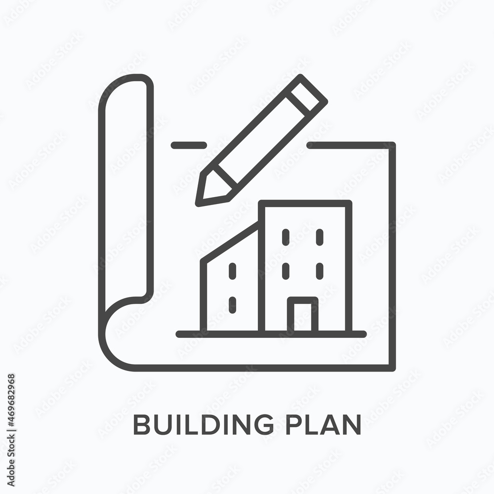 Building plan flat line icon. Vector outline illustration of blueprint ...