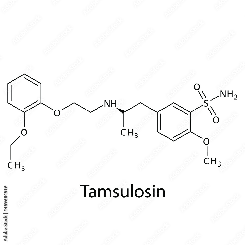 Tamsulosin molecular structure, flat skeletal chemical formula. Alpha ...