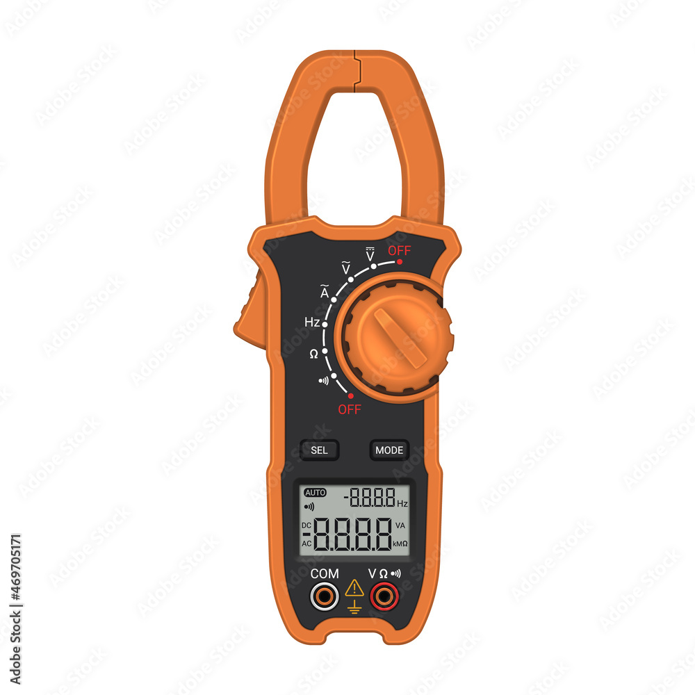 Realistic clamp meter on white background. Instrument for measuring ...
