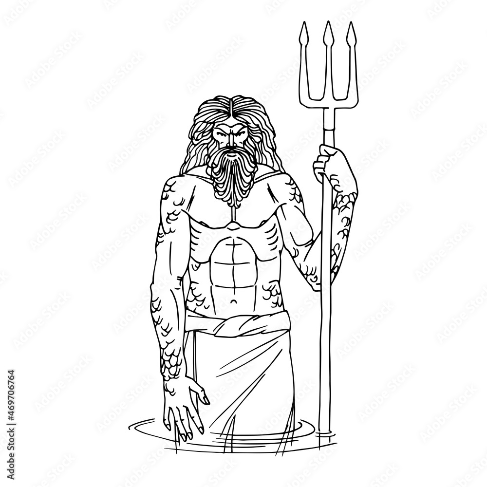 The ancient Greek god of the sea Poseidon comes out of the water with a ...