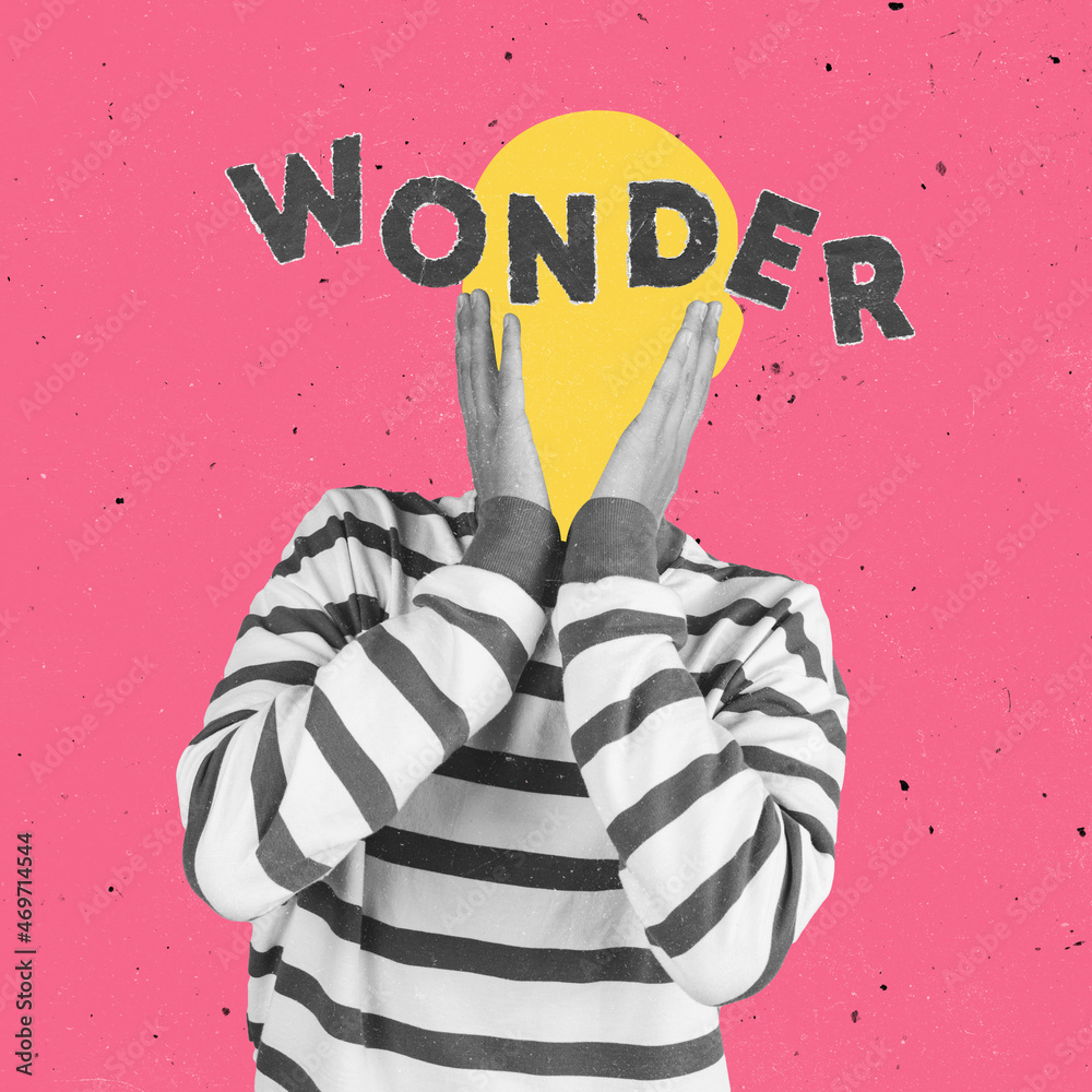 Conceptual portrait of faceless man with word wonder instead face ...
