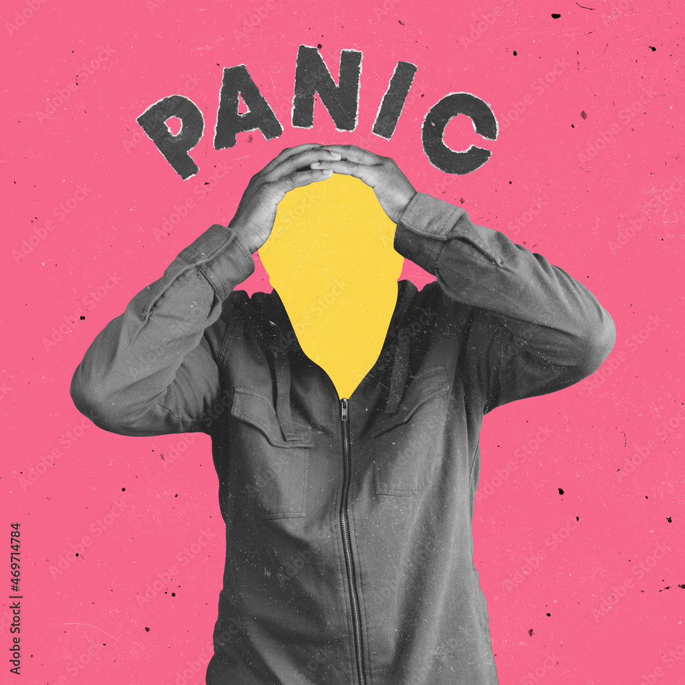 Conceptual portrait of faceless man with word panic instead face. Human ...