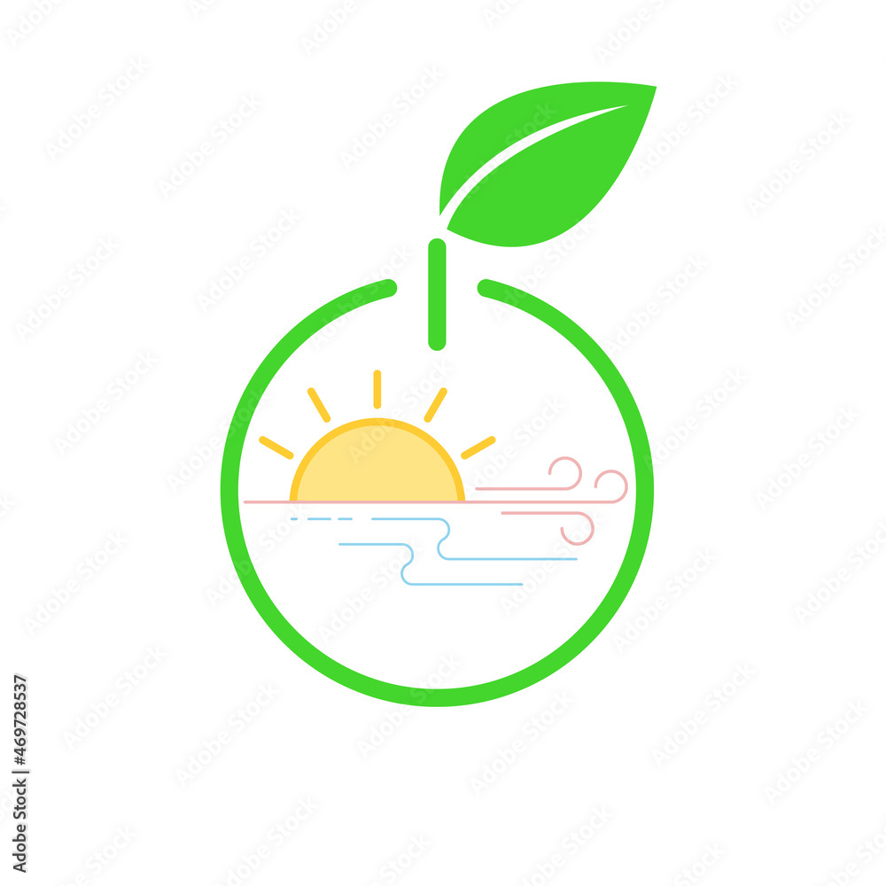 Power icon with green leaf and natural resource symbols as a gimmick of ...