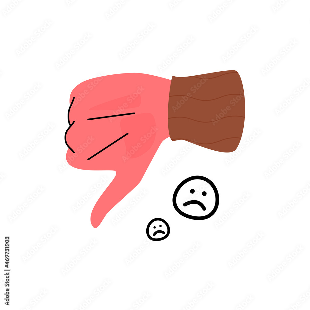 Thumb down hand gesture. Finger down with frown face icon. Bad review ...