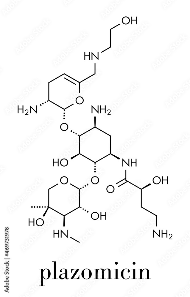 Plazomicin antibiotic drug molecule (aminoglycoside class). Skeletal ...
