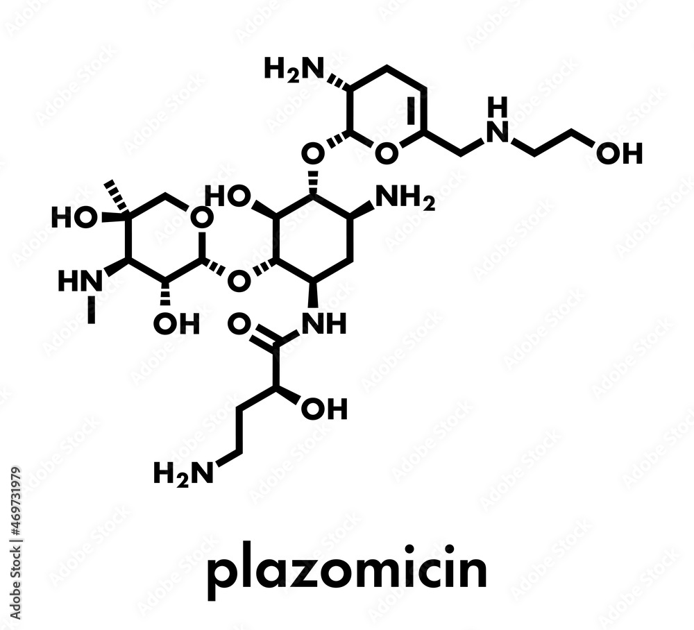 Plazomicin antibiotic drug molecule (aminoglycoside class). Skeletal ...