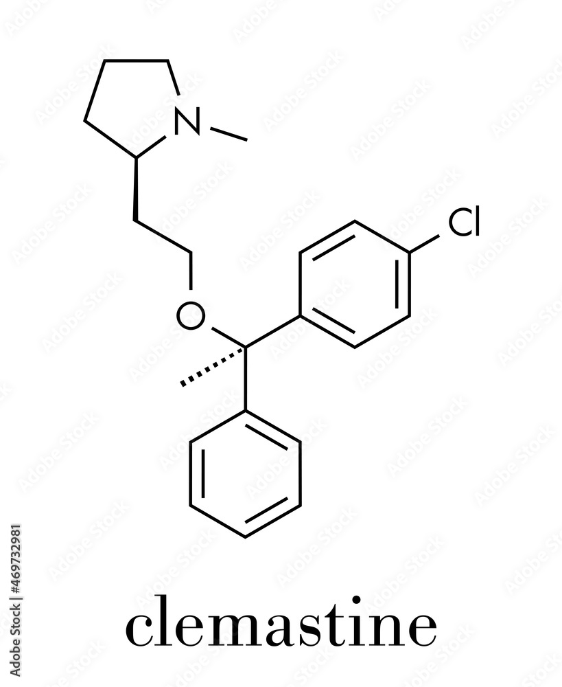 Clemastine (meclastine) antihistamine drug molecule. Used to treat ...