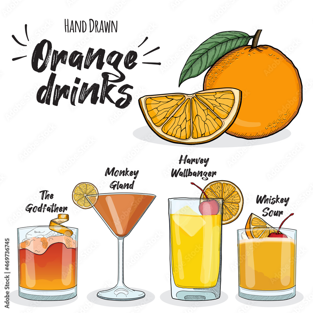 Orange Drinks Set Harvey Wallbanger The Godfather Monkey Gland and ...