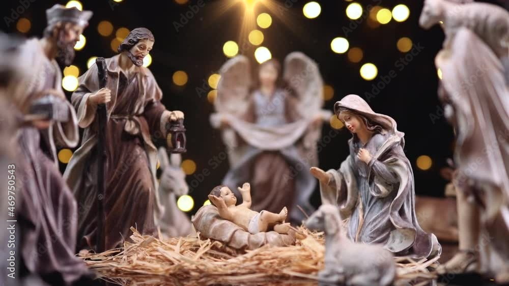 Jesus Christ Nativity scene with atmospheric lights. Jesus Christ ...