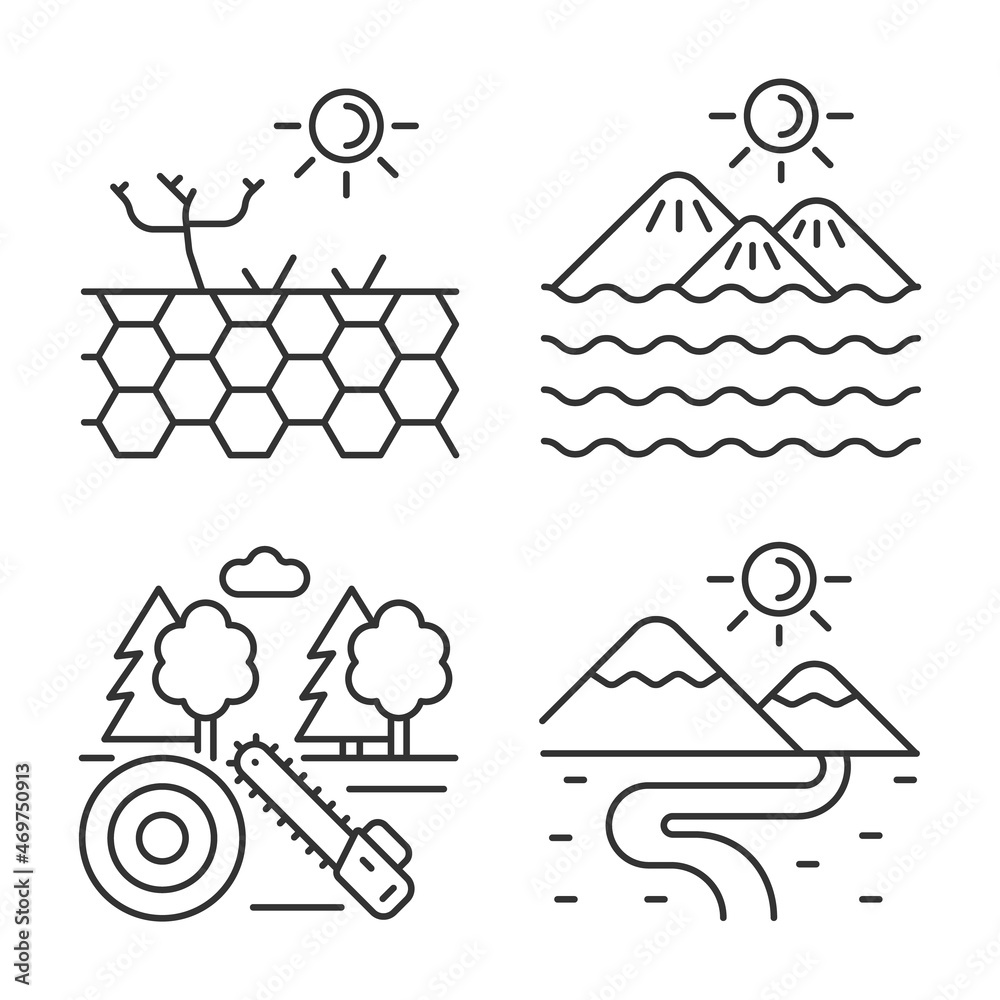 Diverse landforms linear icons set. Barren and working ground. Forest ...