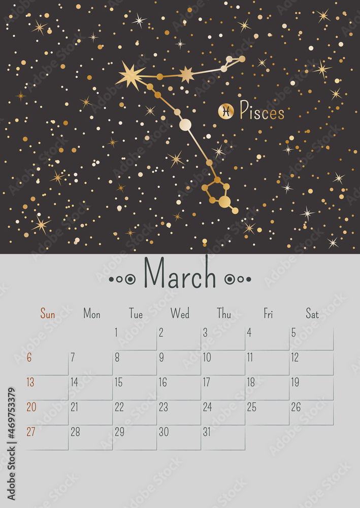 Vector vertical March 2022 calendar a with golden zodiac constellation ...
