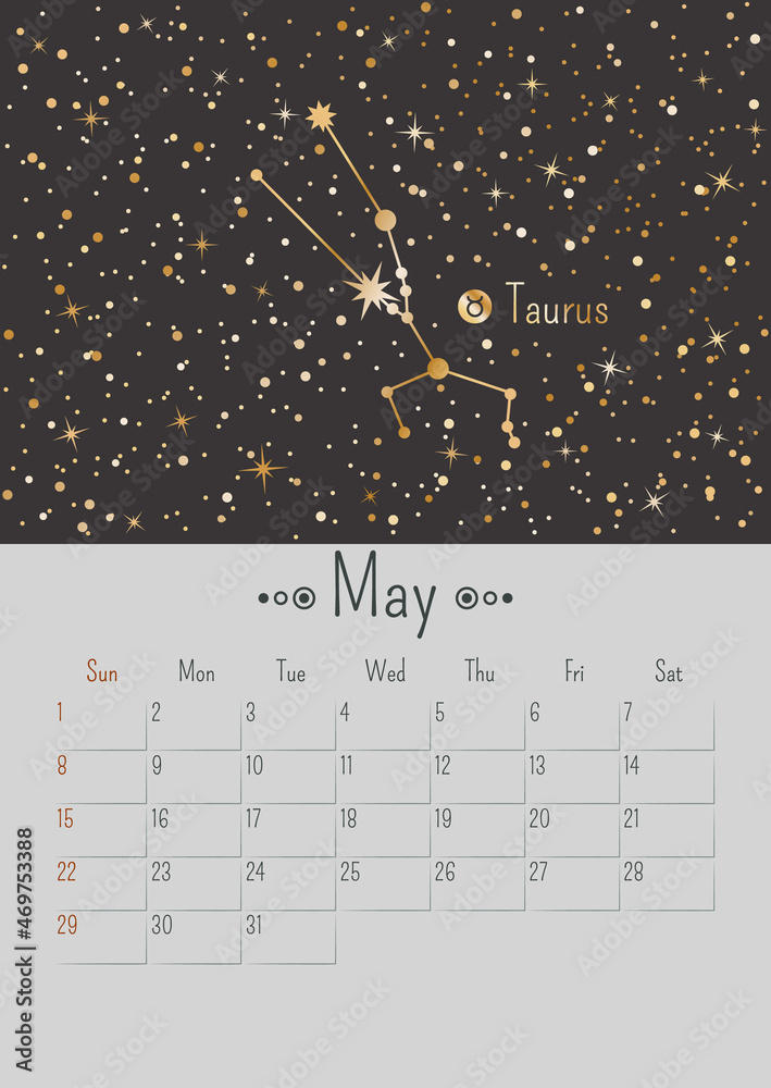Vector vertical May 2022 calendar a with golden zodiac constellation ...