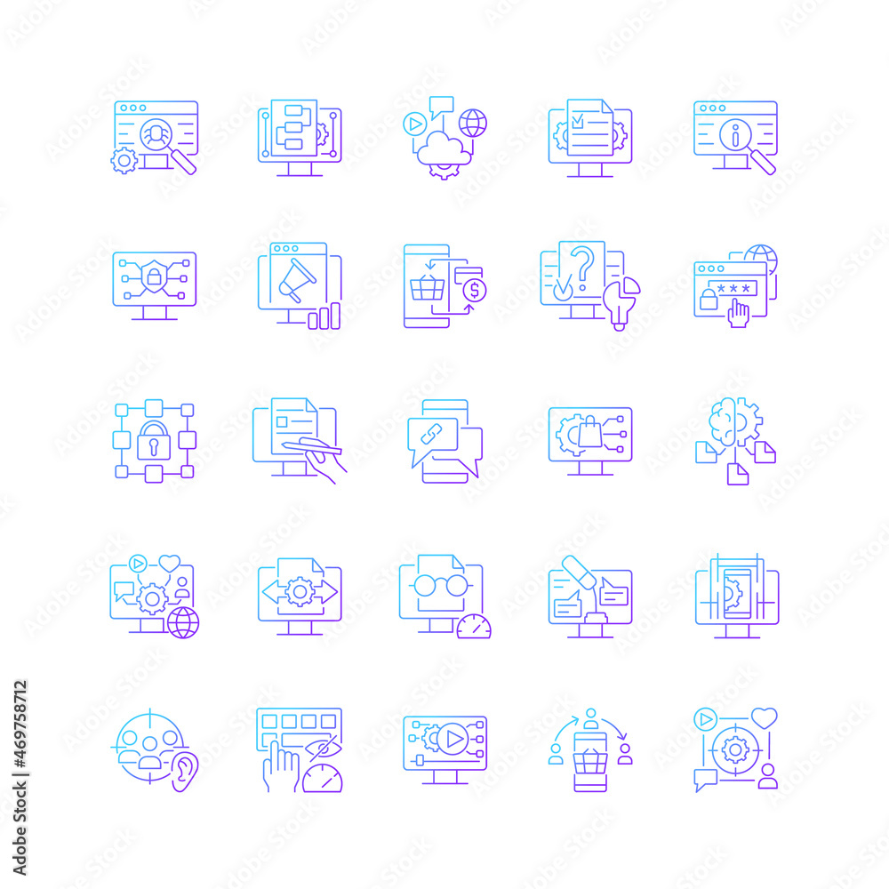 Digital skills gradient linear vector icons set. Gaining literacy ...