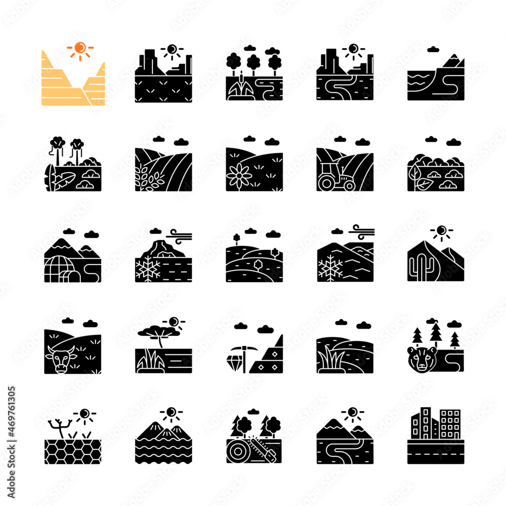 Land types black glyph icons set on white space. Biome diversity. Hot ...