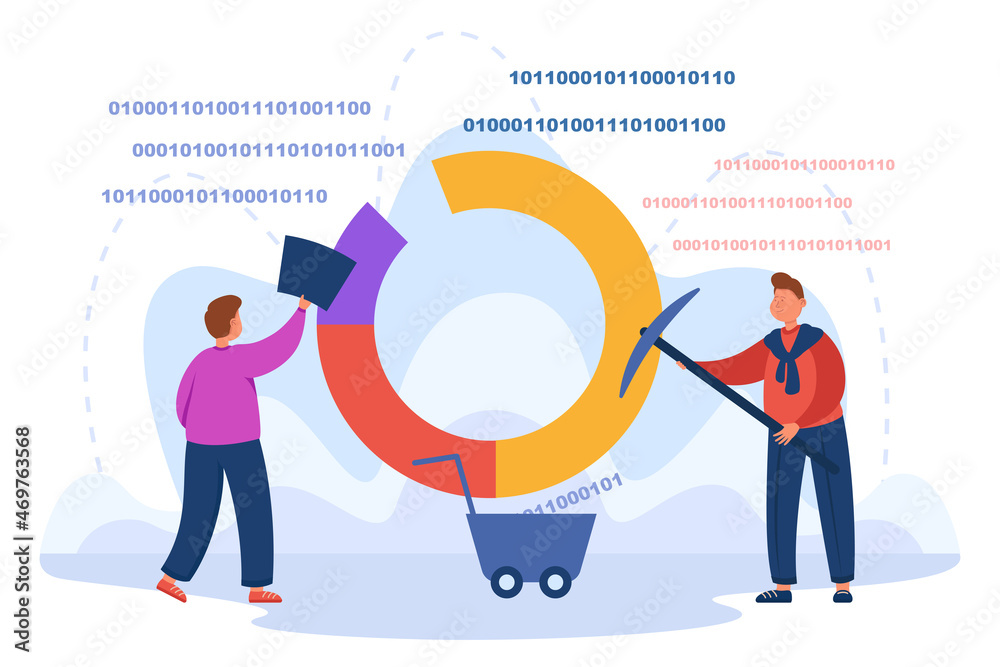 Cartoon characters in process of mining and analyzing data. Man putting ...