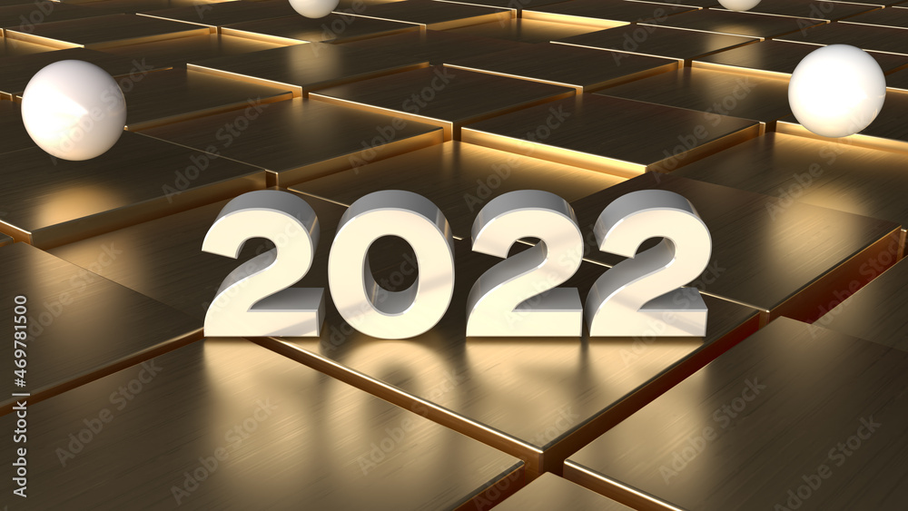 Golden 2022 numbers with flowing white and gold geometric 3d shapes on ...