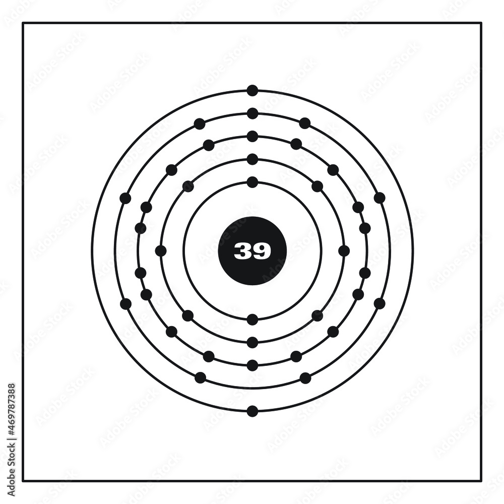Bohr model representation of the yttrium atom, number 39 and symbol Y ...