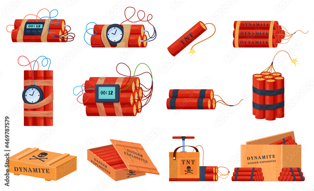 Dynamite sticks set vector flat illustration. Box ready explosives ...