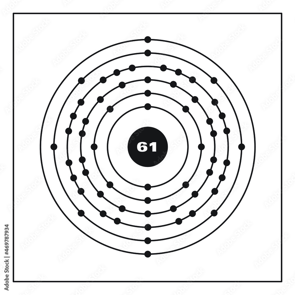 Bohr model representation of the promethium atom, number 61 and symbol ...