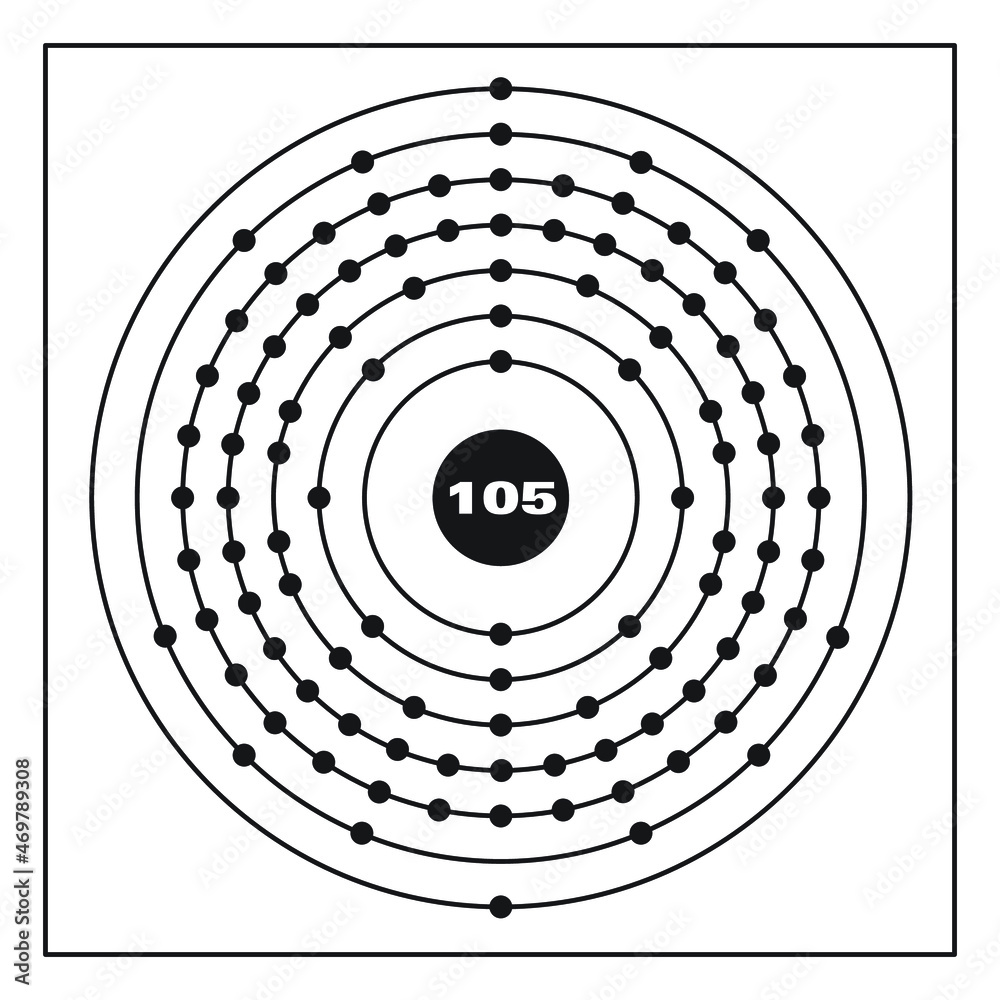 Bohr model representation of the dubnium atom, number 105 and symbol Db ...